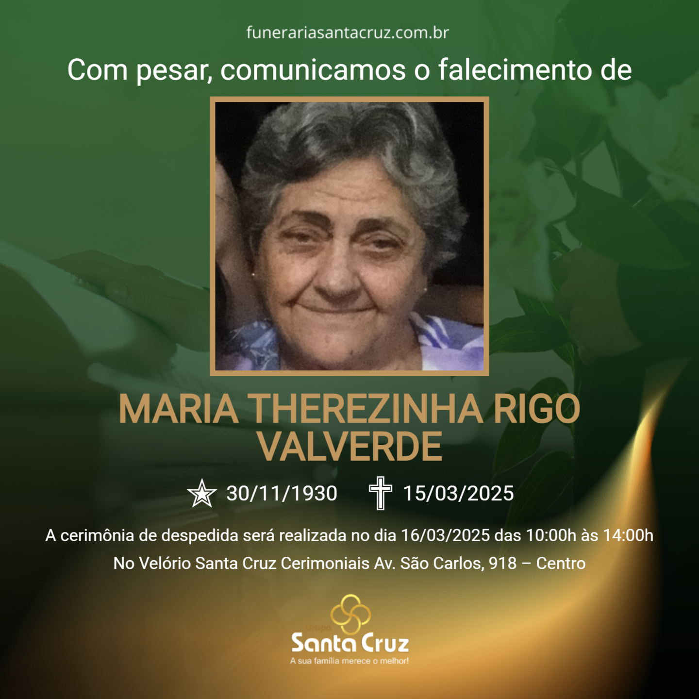 Grupo Santa Cruz informa o falecimento de Maria Therezinha Rigo ...